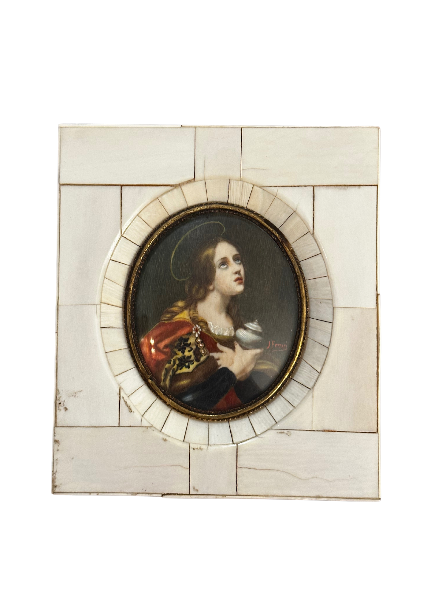 Mid-Century Bone and Painted Portrait of Mary Magdalene (Signed J. Fer ...